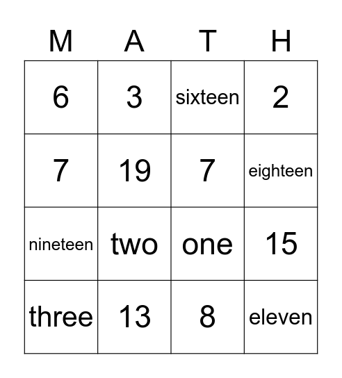 Number Sense Game Bingo Card