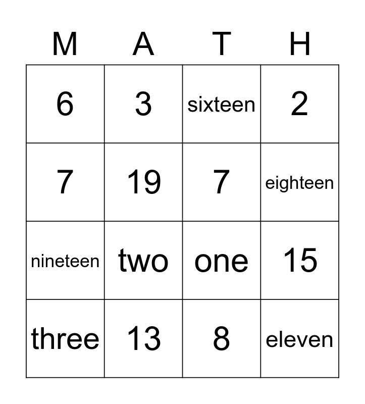 Number Sense Game Bingo Card