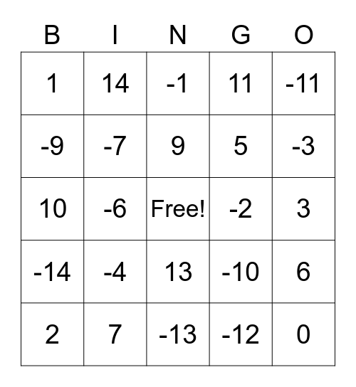 Integer Bingo Card