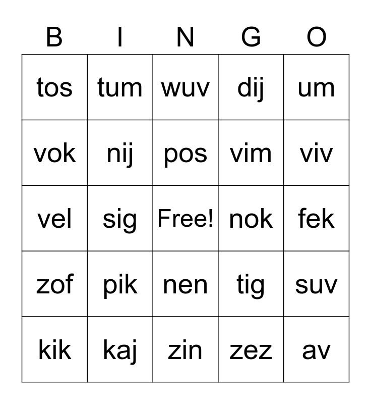 Nonsense Words Bingo Card