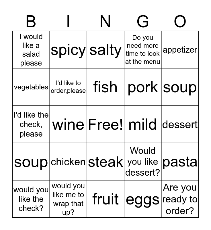 Restaurant Bingo Card