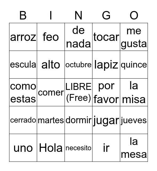 Spanish Bingo Bingo Card