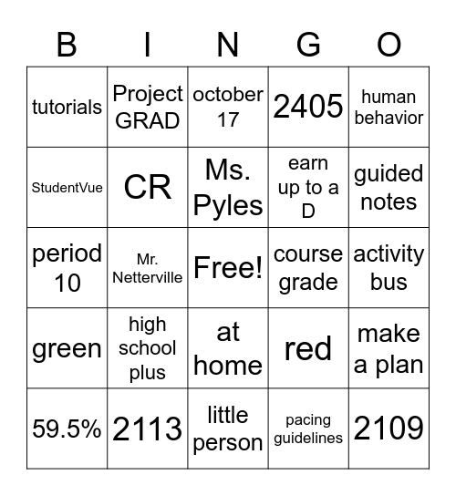 Project GRAD Bingo Card
