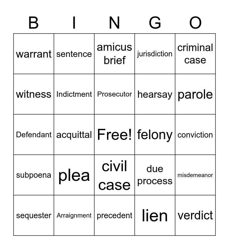 Law Terms Bingo Card Law Terms Bingo Card