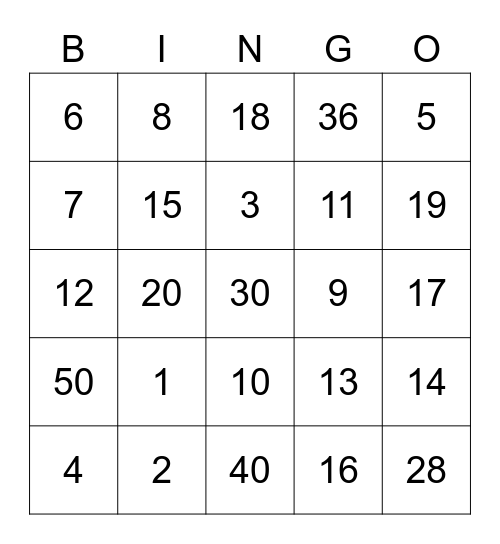 Proportion BINGO Card