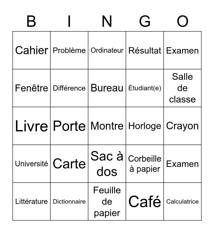 French I Ch.1 School Vocabulary Bingo Card