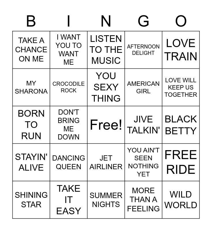 70S Bingo Card