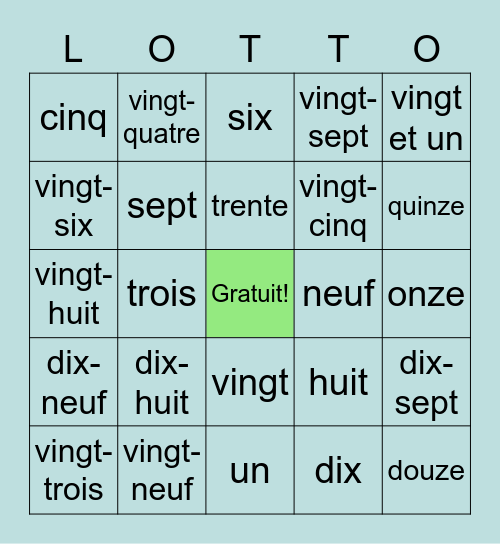 Les chiffres 0 à 30 Bingo Card