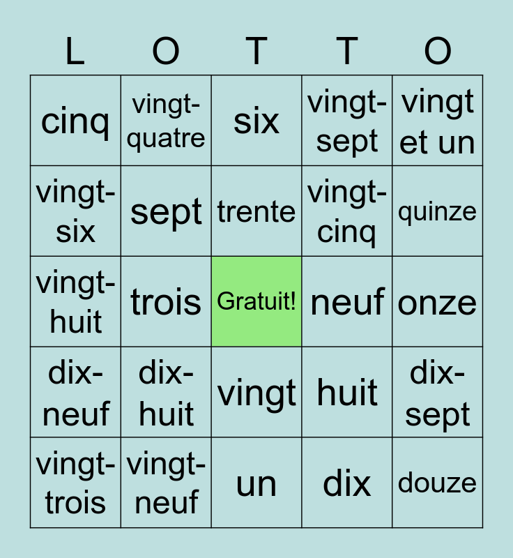 Les chiffres 0 à 30 Bingo Card
