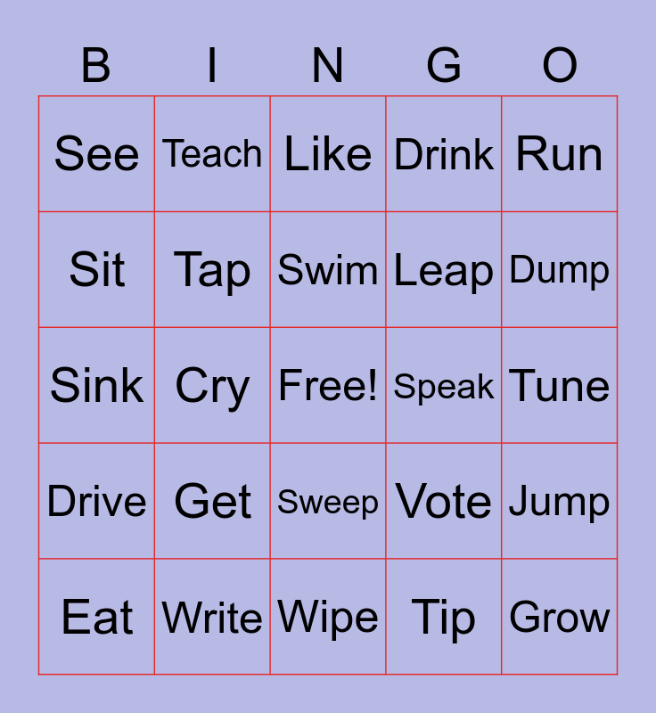 Irregular & Regular Past Tense Verbs Bingo Card