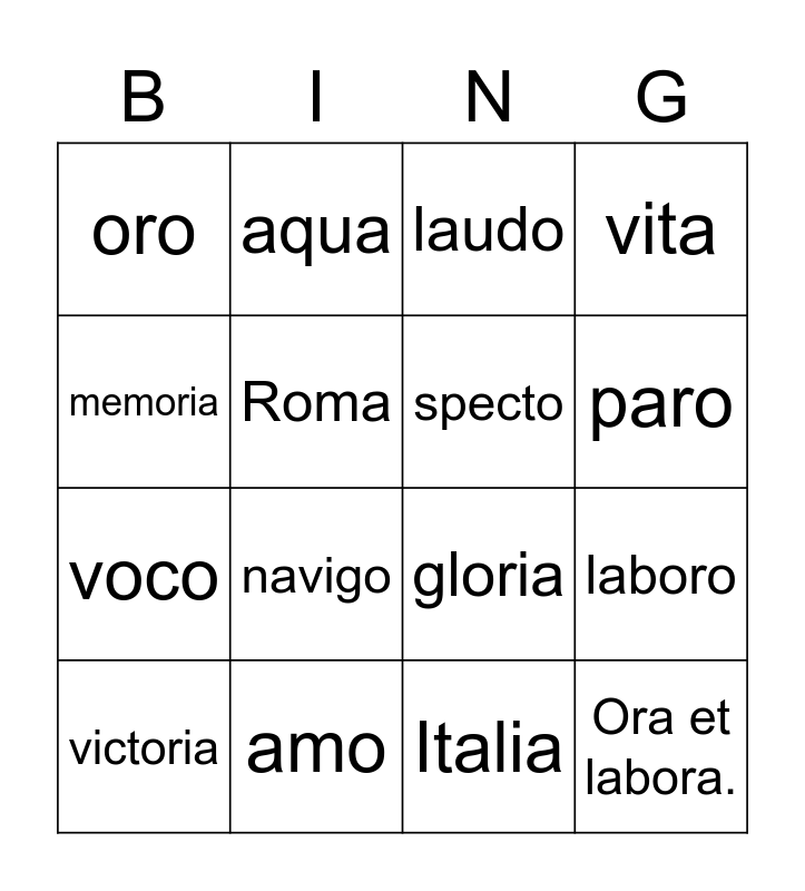 Lesson I & II Vocabulary Bingo Card