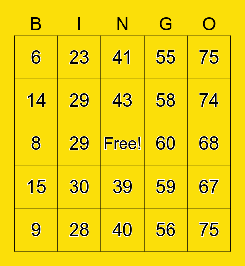 Number Bingo 1-75 Bingo Card