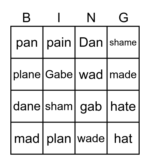 Short and Long A Bingo Card