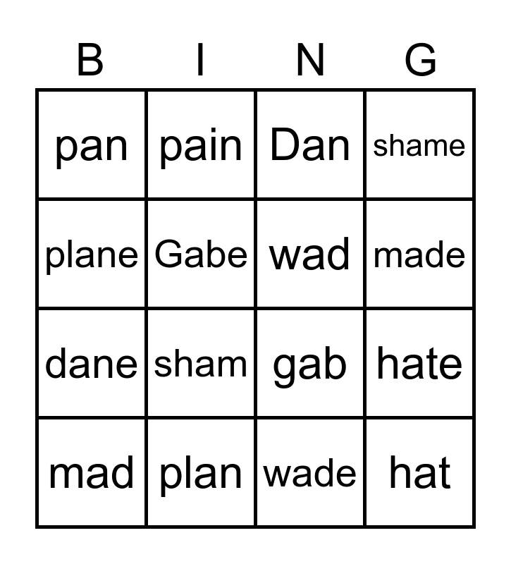 Short and Long A Bingo Card