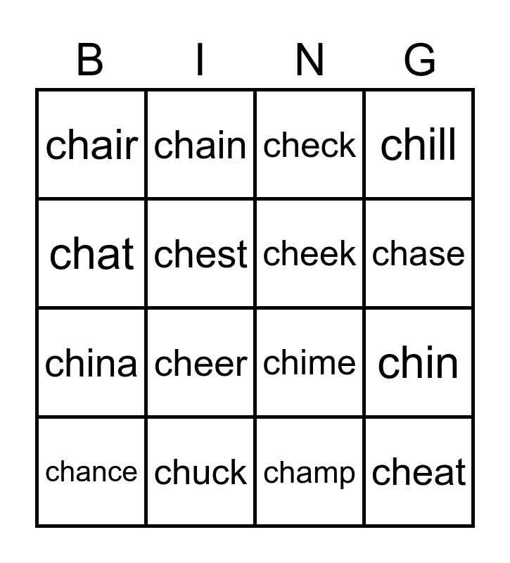 Ch Words Bingo Card Ch Words Bingo Card