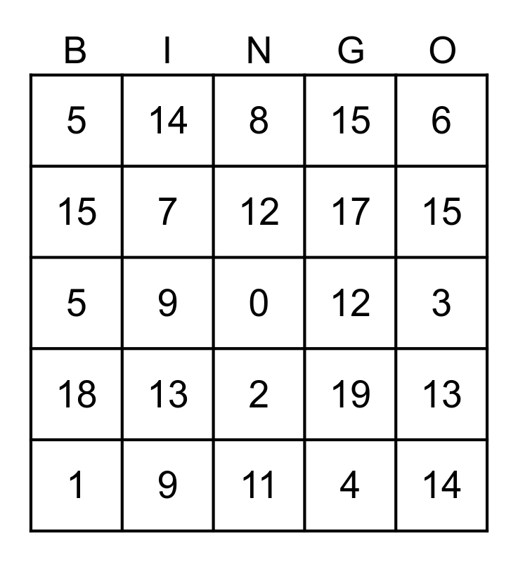Number Bingo 1 20 Bingo Card