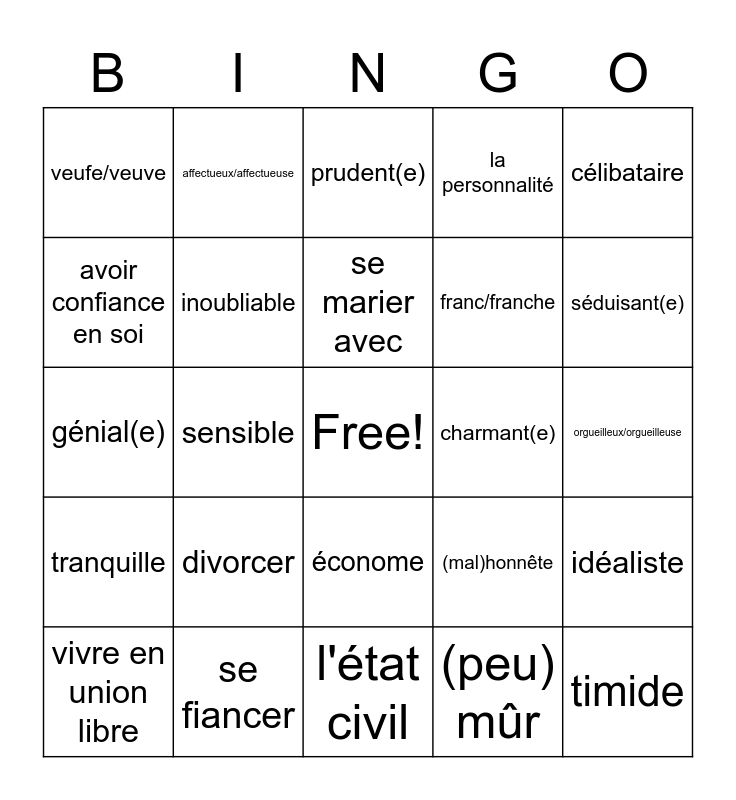 L'état civil et la personnalité 1 Bingo Card