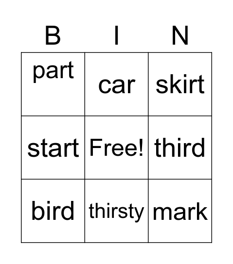 ir and ar Bingo Card