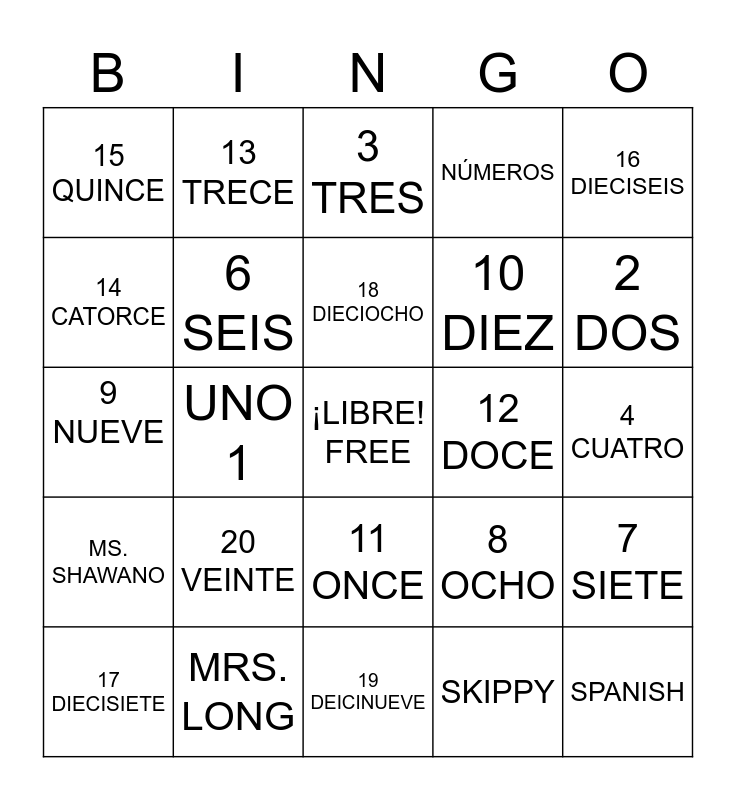 Spanish Números 1-20 Bingo Card