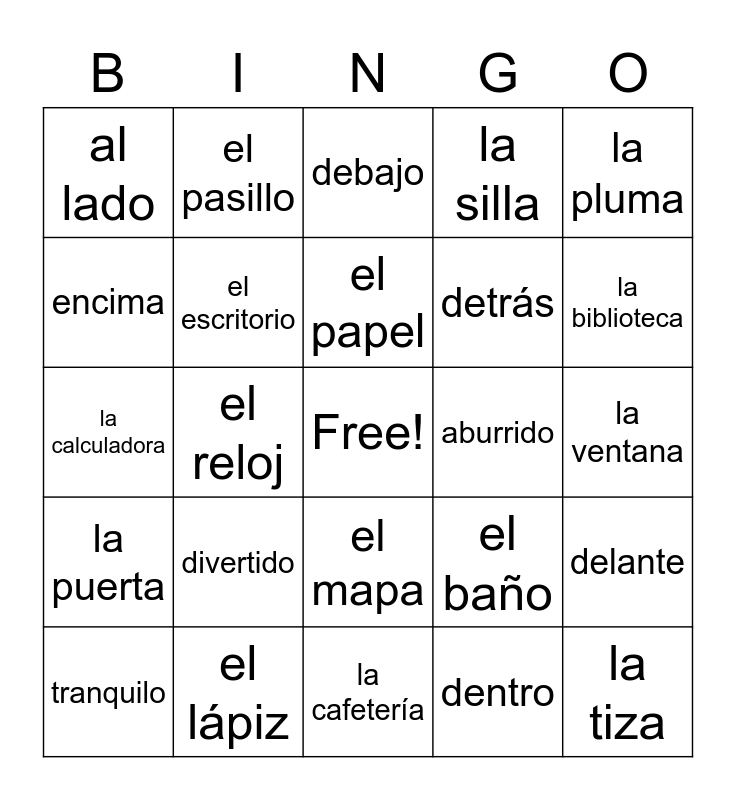 Avancemos 1 Unidad 2.2 Bingo Card