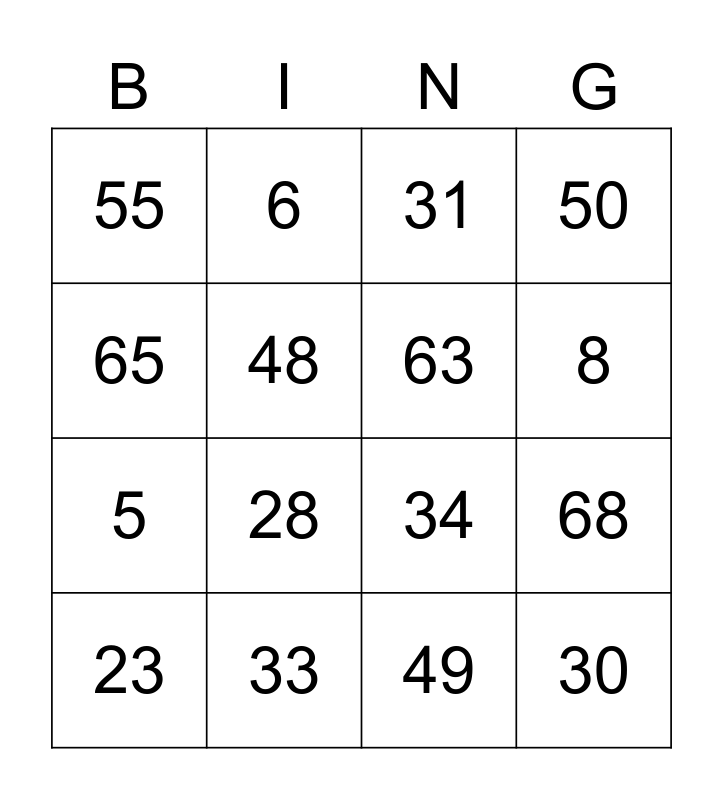 Number Bingo 1-20 Bingo Card
