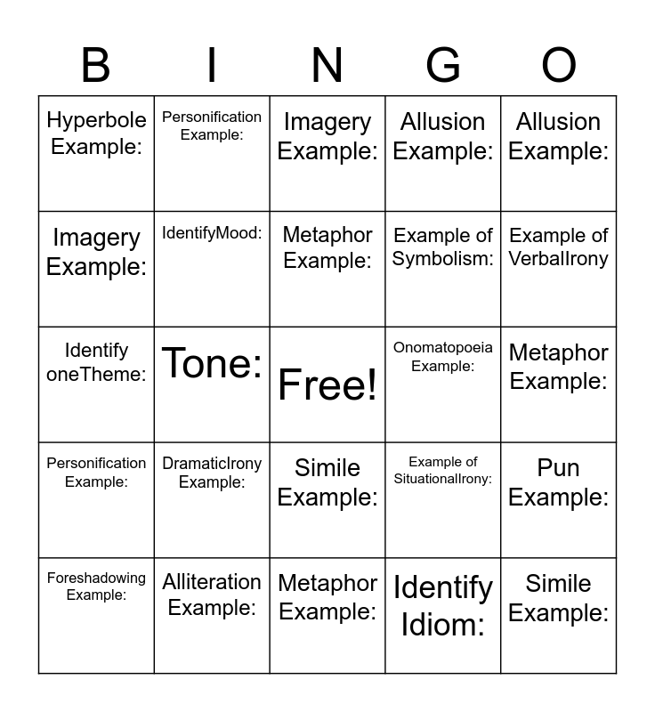 Literary Terms Bingo Card Literary Terms Bingo Card