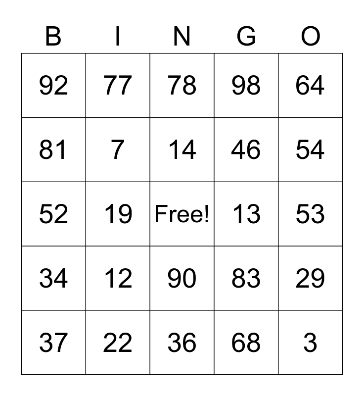 Numbers Bingo Card