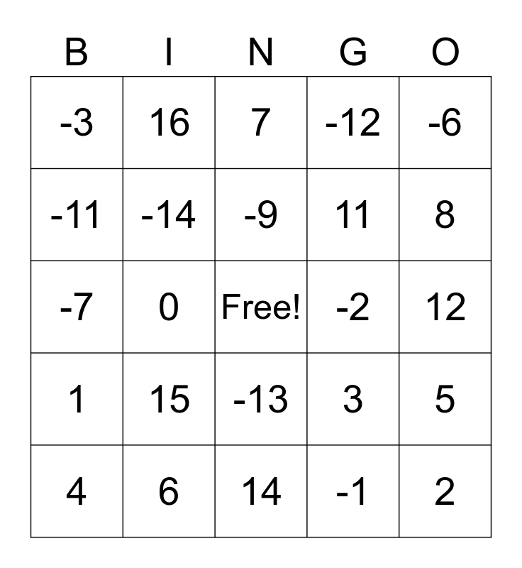 Adding Integers Bingo Card