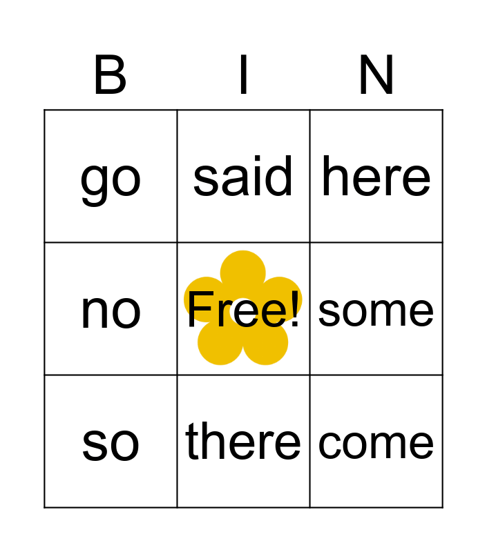 Yellow Sight Words Bingo Card