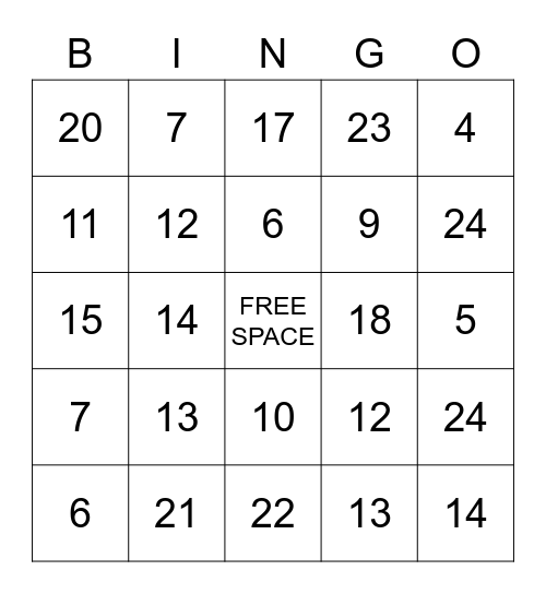Numbers 1 to 25 Bingo Card