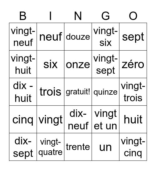 Numbers in French (0-30) Bingo Card