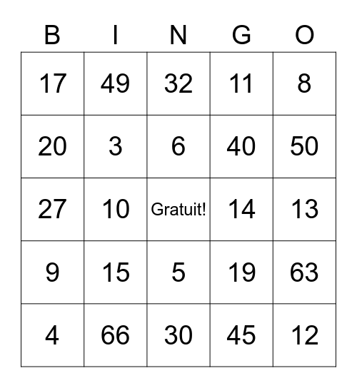 Numbers 0-60 Bingo Card