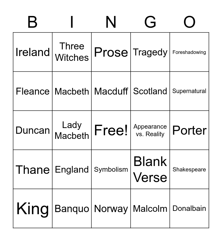 Macbeth Bingo Card