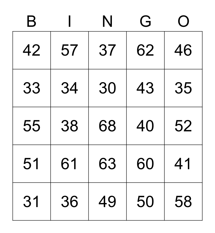 Les nombres 30 à 69 Bingo Card