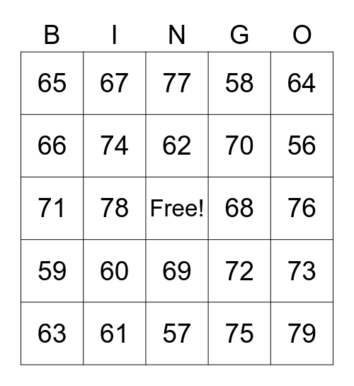 French numbers 56-79 Bingo Card