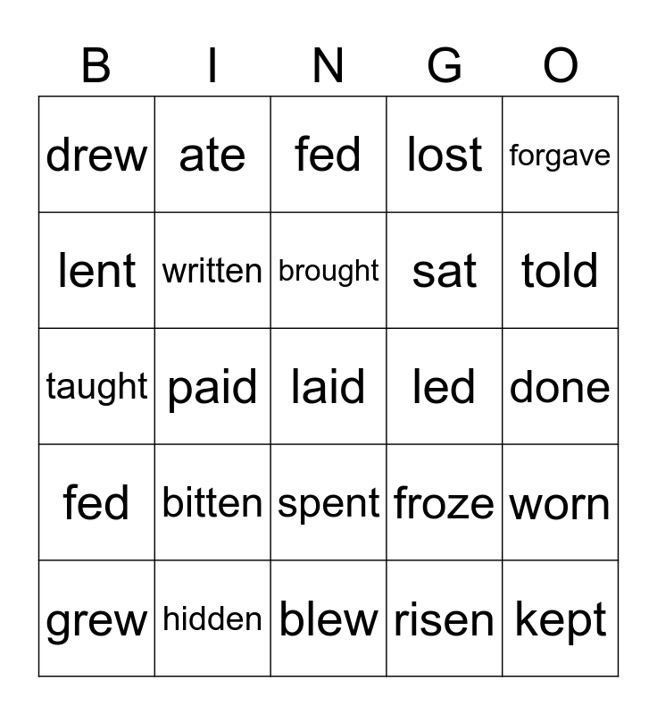 IRREGULAR VERBS BINGO Card
