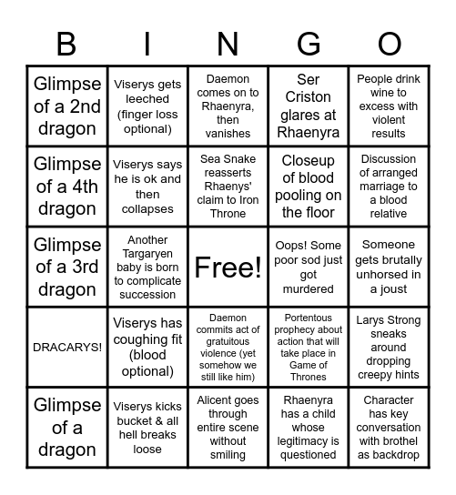 House of the Dragon Bingo Card Bingo Card