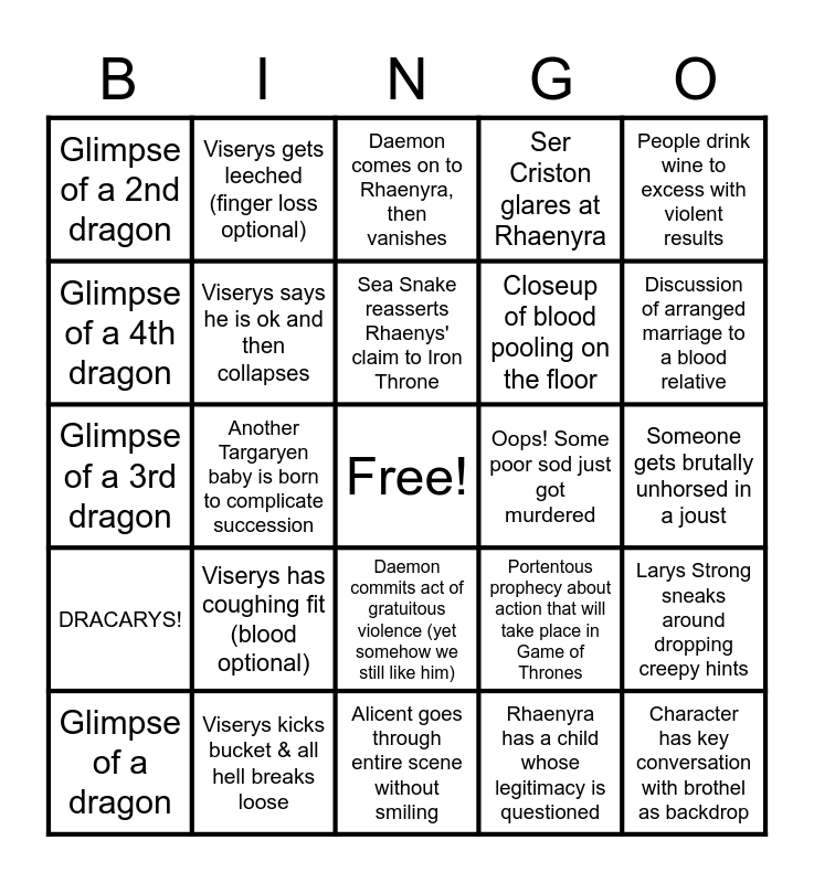 House of the Dragon Bingo Card Bingo Card