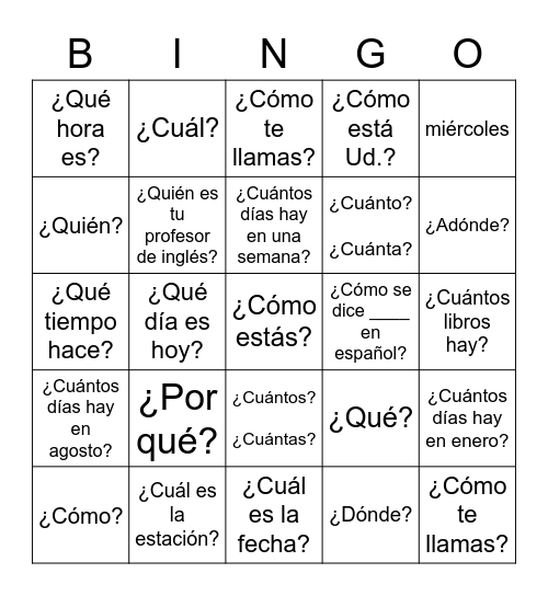 Las palabras interrogativas (Question words) Bingo Card