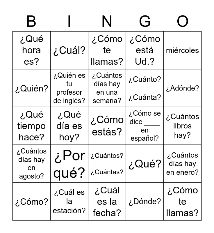 Play Las palabras interrogativas (Question words) Online | BingoBaker