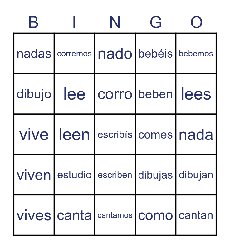 Present Tense Regular Bingo Card