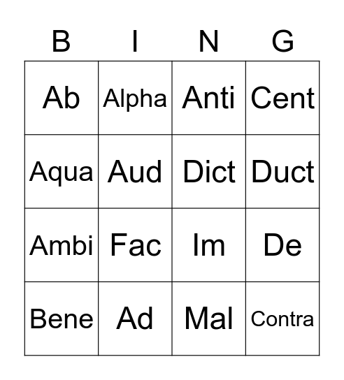 Greek/Latin Roots Bingo Card
