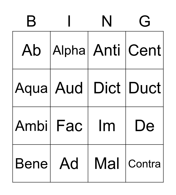 Greek/Latin Roots Bingo Card