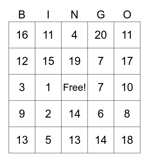 Math Bingo Card