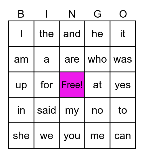 Sight Words Bingo Card
