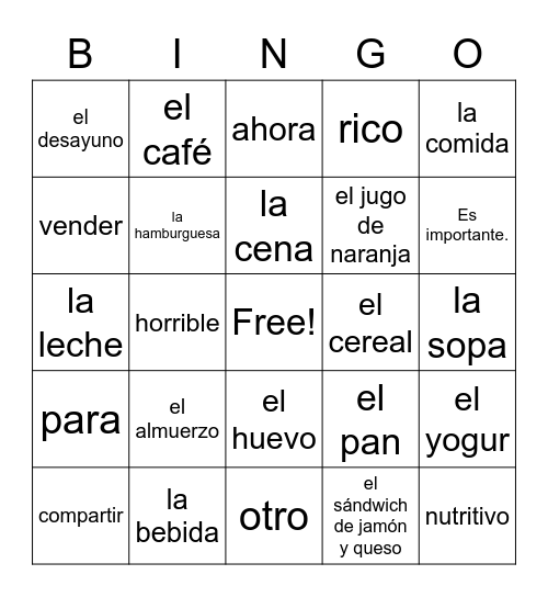 Avancemos 1 Unidad 3.1 Bingo Card