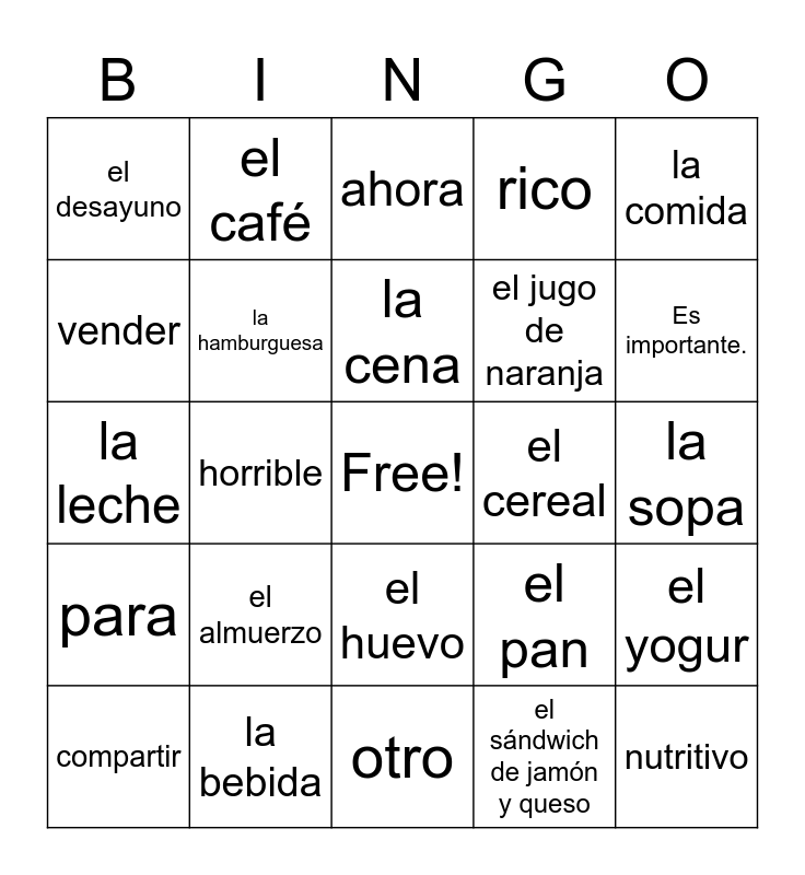 Avancemos 1 Unidad 3.1 Bingo Card