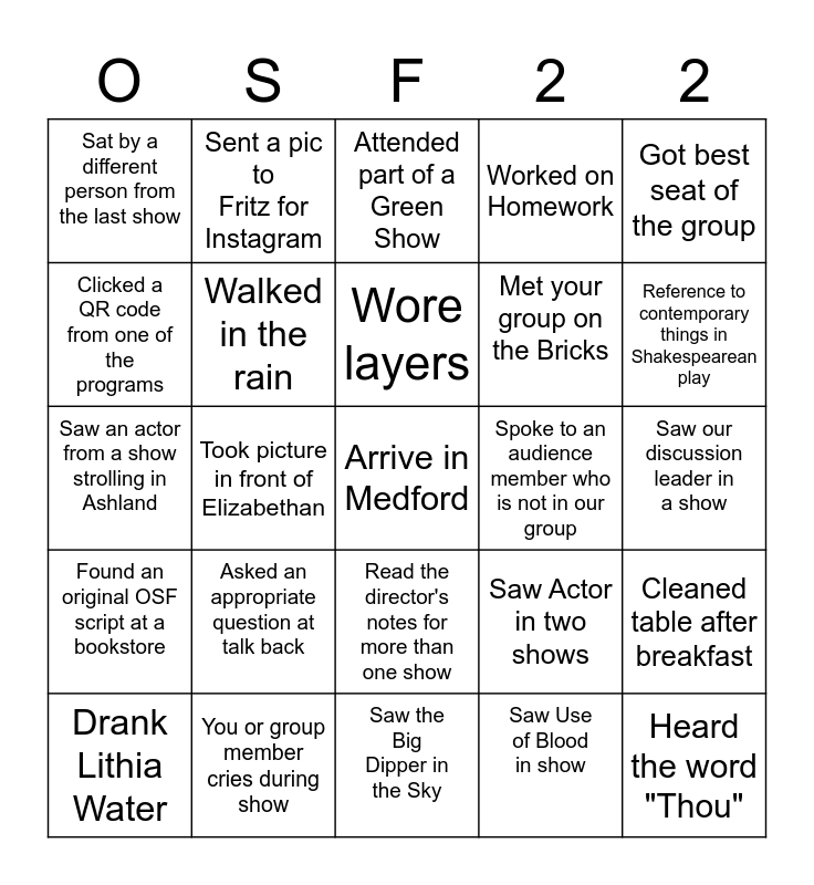 OSF 2022 Bingo Card