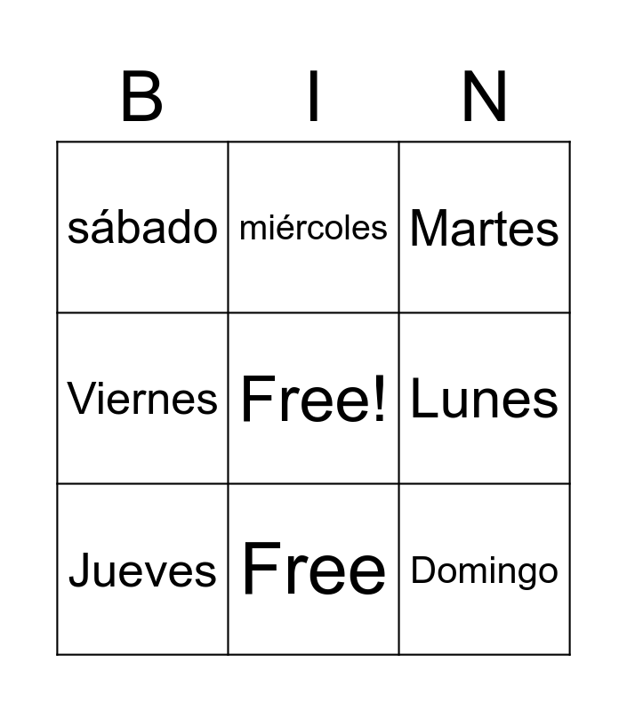 Dias de la Semana Bingo Card