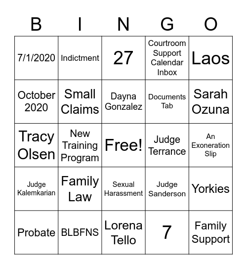 Criminal Courtroom Support Bingo Card